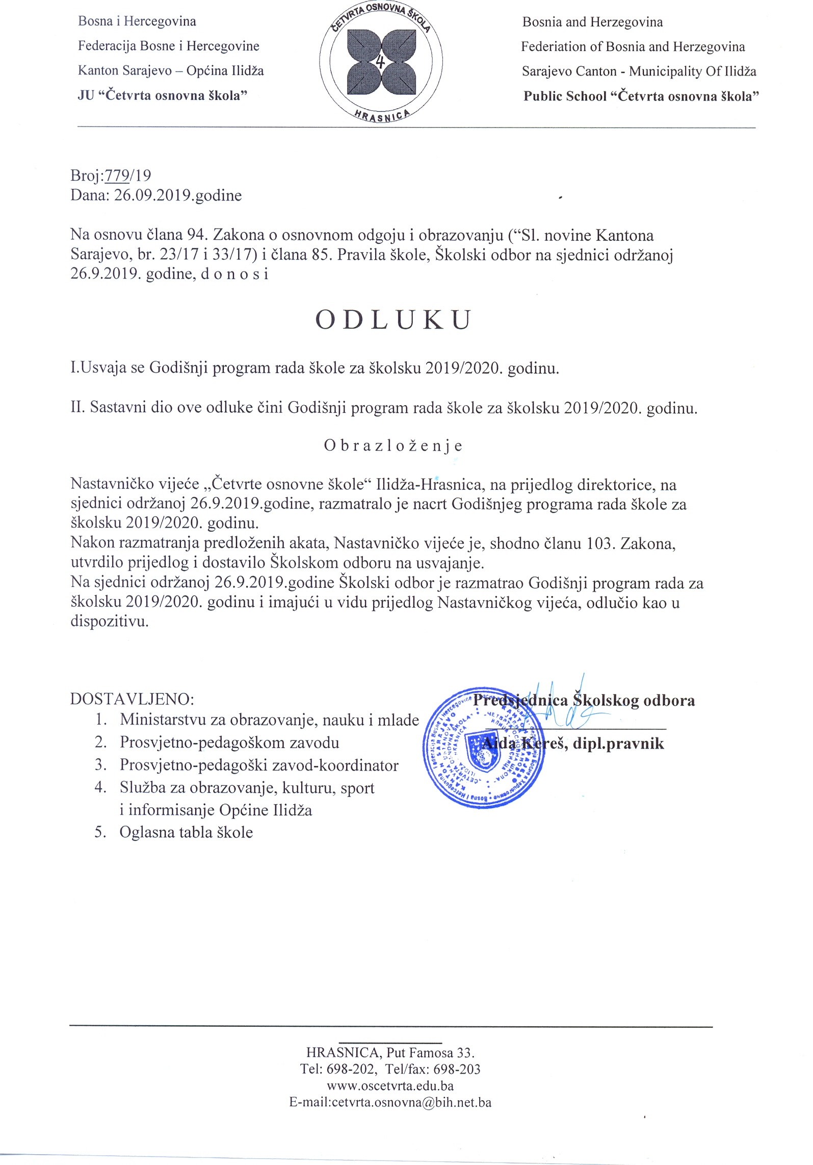 Akti škole – JU "ČETVRTA OSNOVNA ŠKOLA" HRASNICA